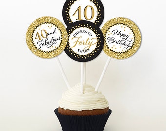 40th Birthday Cupcake Toppers Printable Gold and Black 40th - Etsy