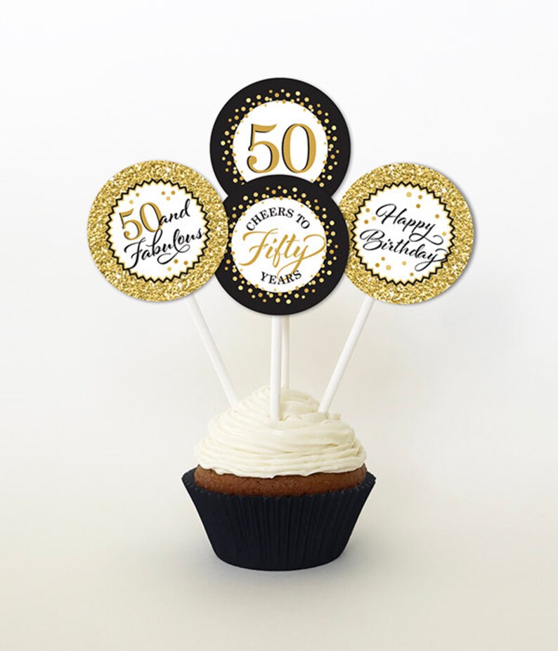 50th Birthday Cupcake Toppers Gold Glitter And Black Favor Etsy