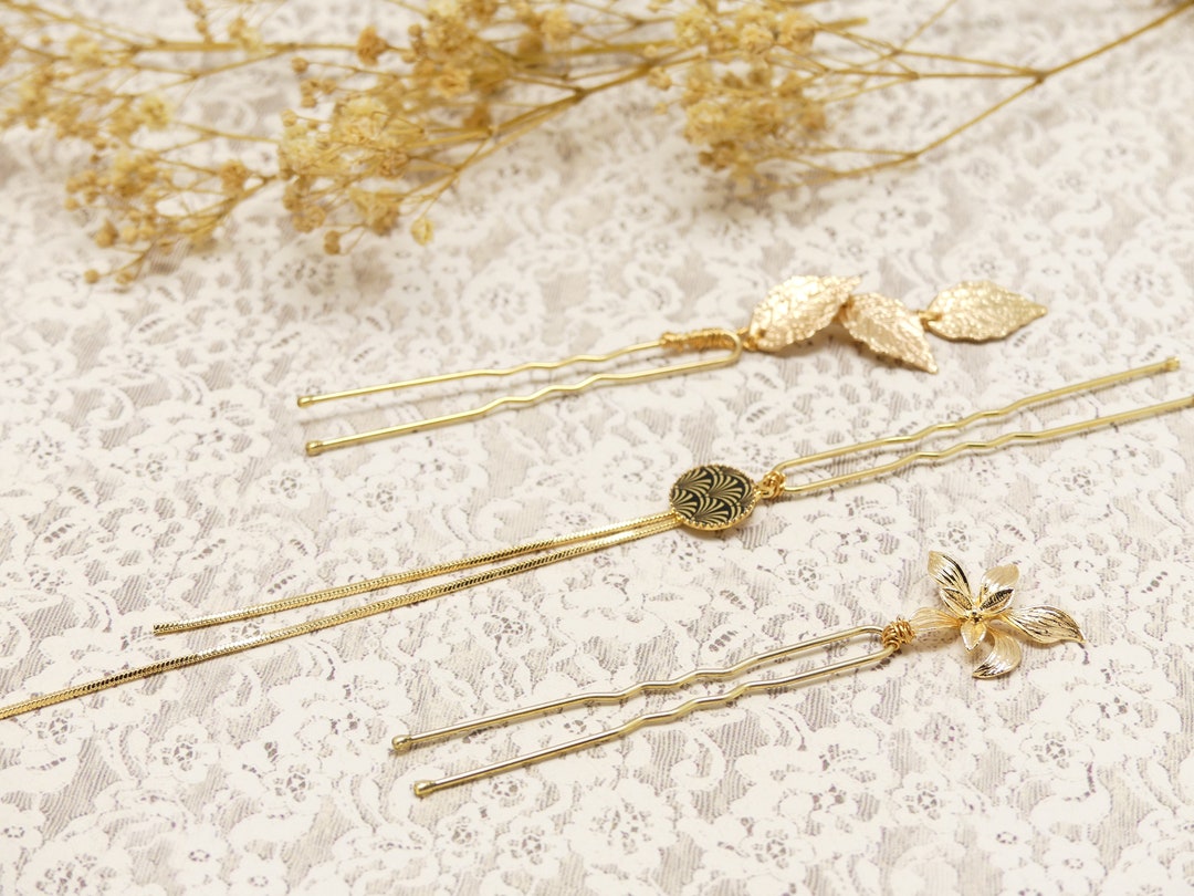 3 Pins Hair Bun Pin Hairdressing Resin Brass Gold Black Flower Leaf ...