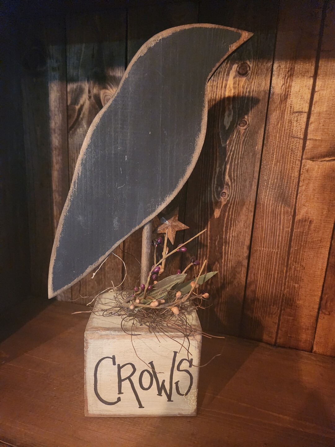 Wooden Crow on Block With Berries - Etsy