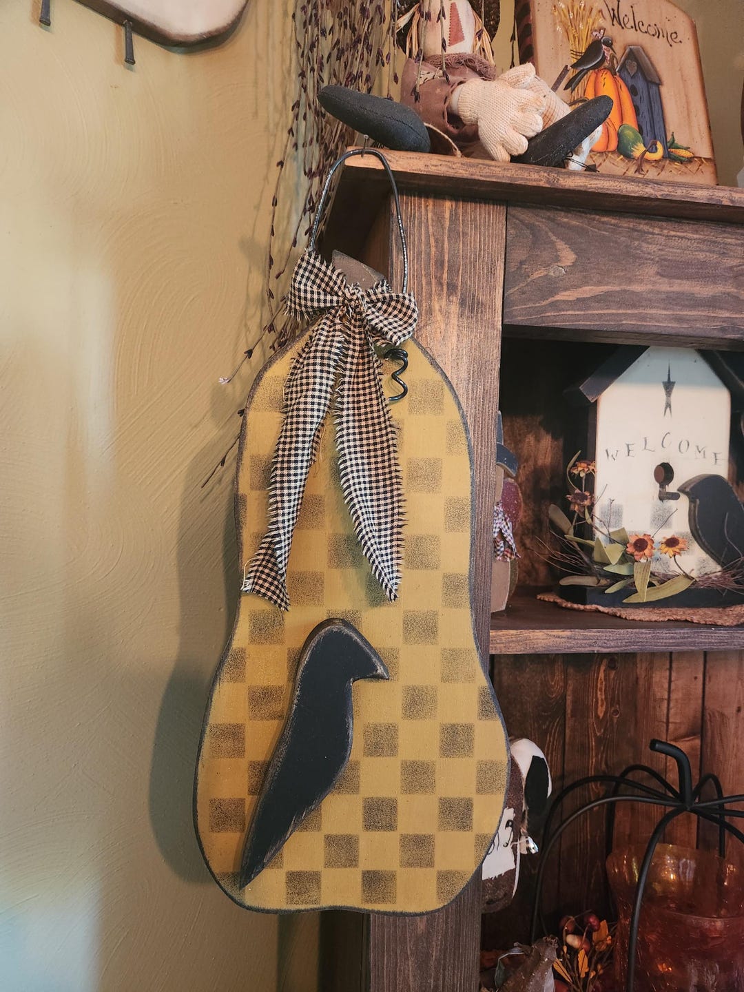 Wooden Pear With Checkerboard Stencil and Crow - Etsy
