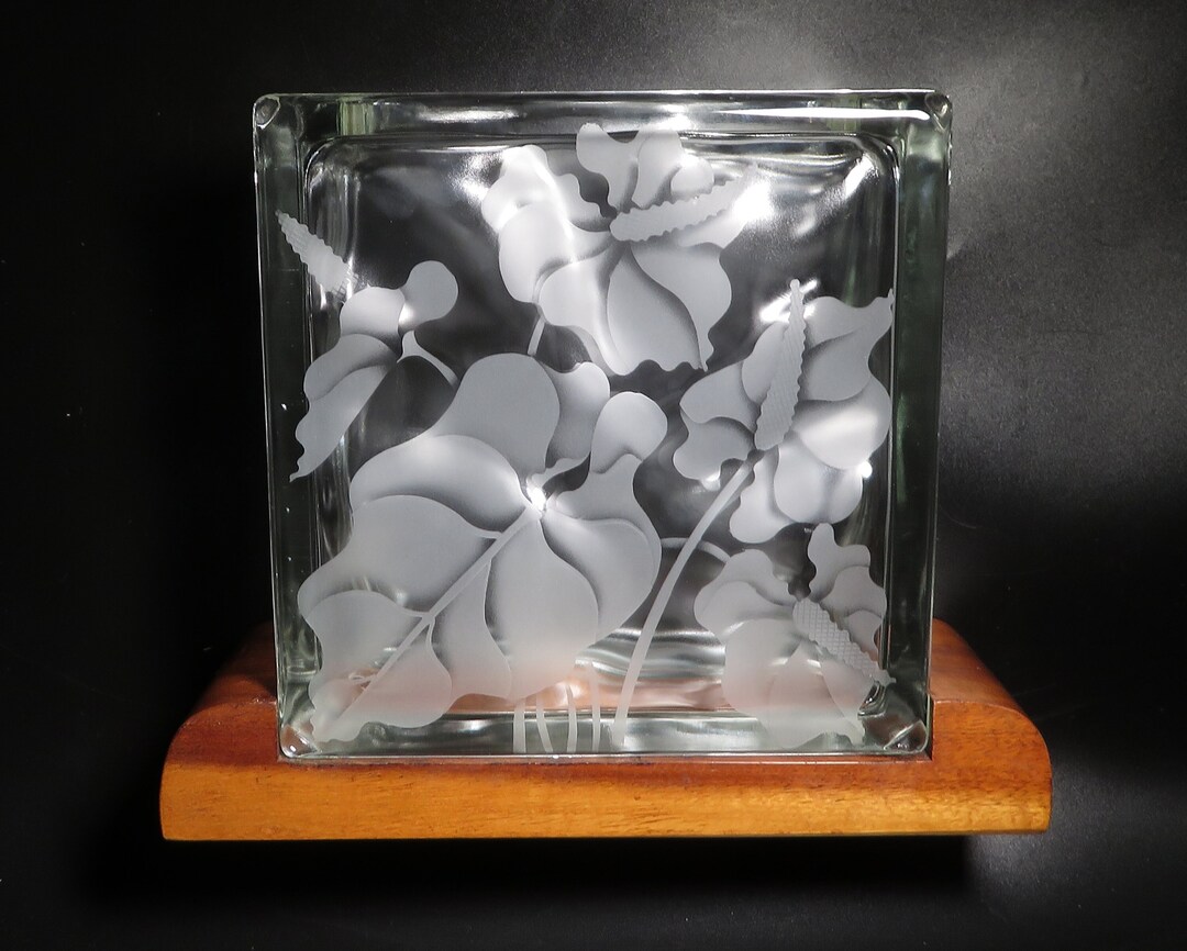 Hawaiian Anthurium Floral Etched 7-3/4 Glass Block Vase on Koa Wood ...