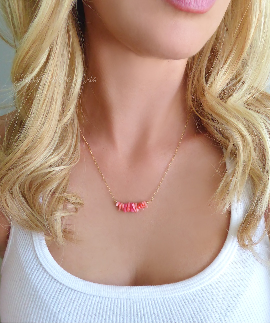 Pink Coral Bar Necklace: Dainty Beach Jewelry, Sterling Silver, 14k ...