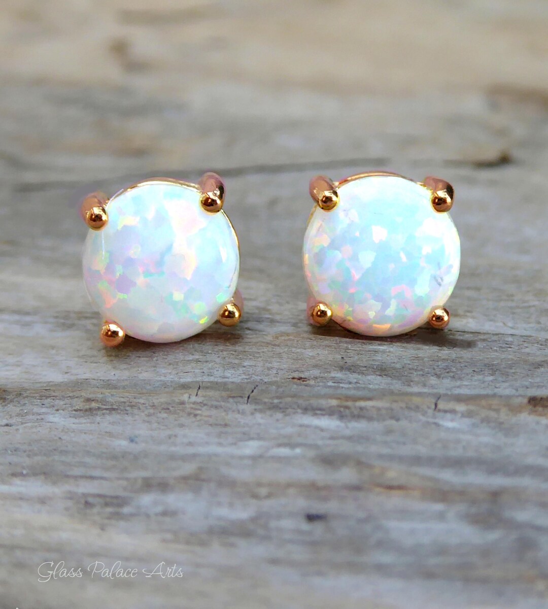 White Fire Opal Stud Earrings 7mm: October Birthstone Minimalist ...