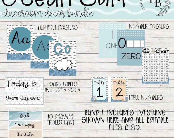 Modern Ocean Surf Classroom Decor Bundle Ocean Inspired Classroom Theme ...