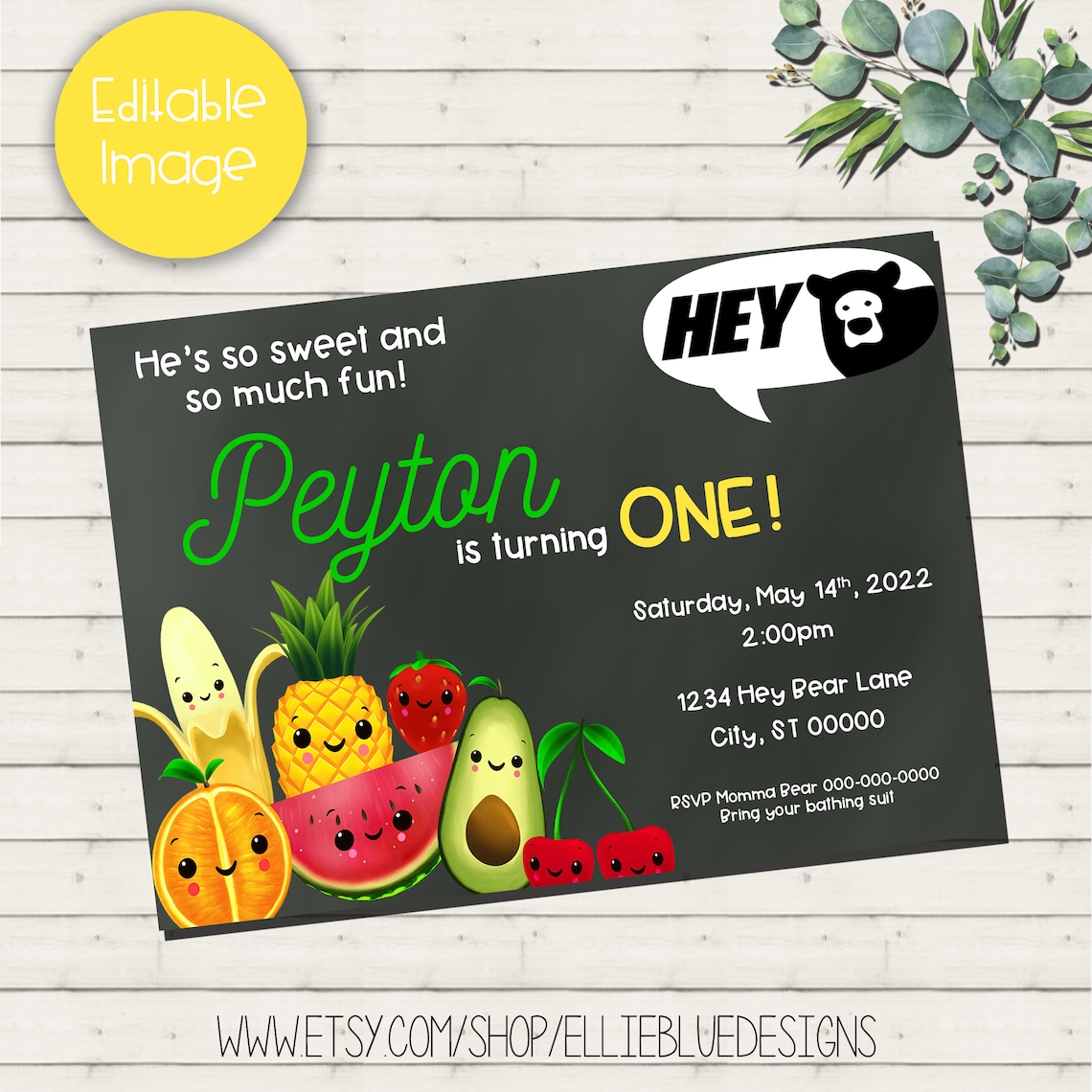 Hey Bear Party Invite Sensory Birthday Invitation Editable - Etsy