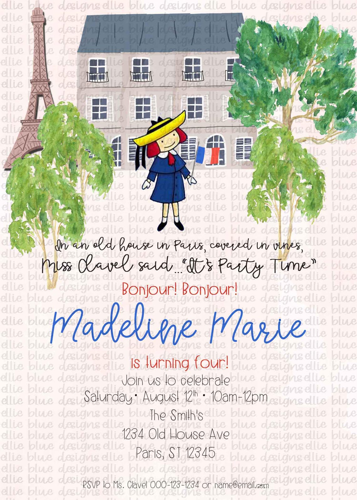 Printable Madeline Birthday Invitation Watercolor, Madeline Birthday ...