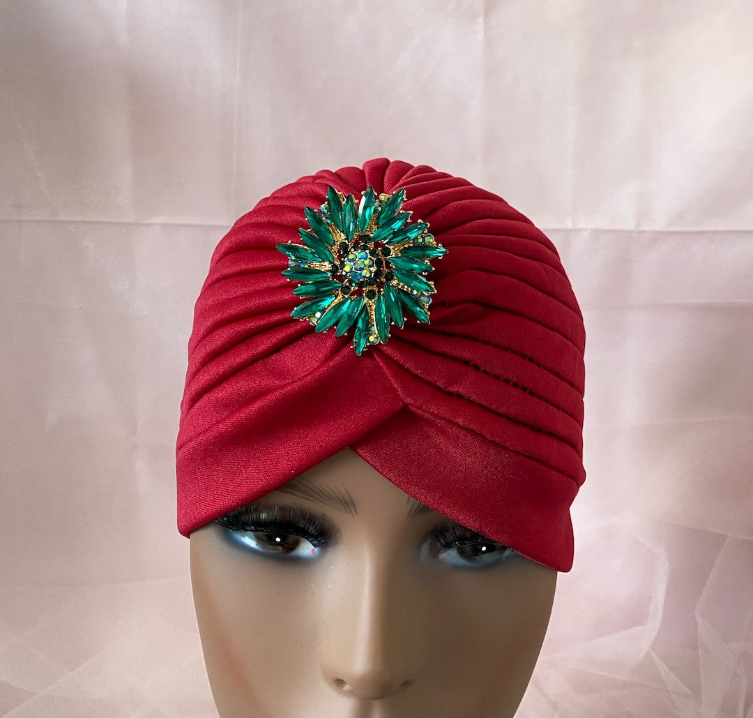 Dark Red Turban With Brooch, Holiday Hair Turban, Gift for Her, Jeweled ...