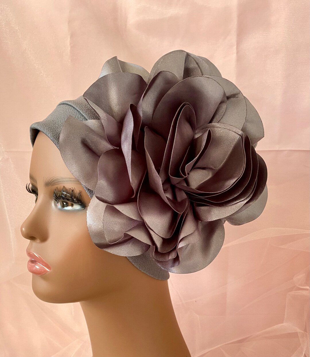 Stunning Gray Turban With Big Silk Flower, Glamorous Headpiece, Fashion ...