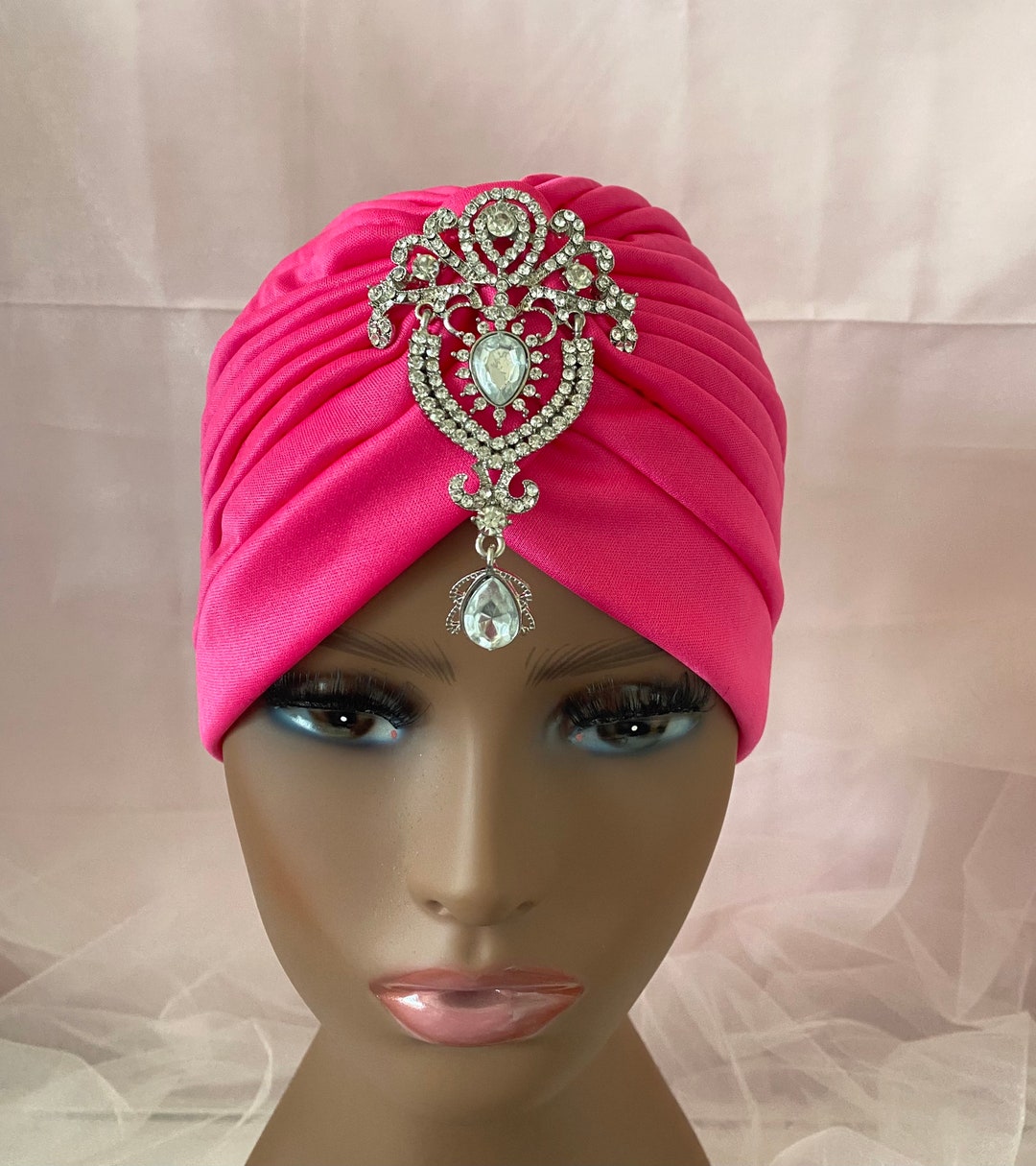 Pink Turban With Brooch, Front Twist Turban, Hairloss Cap, Cancer Hat ...