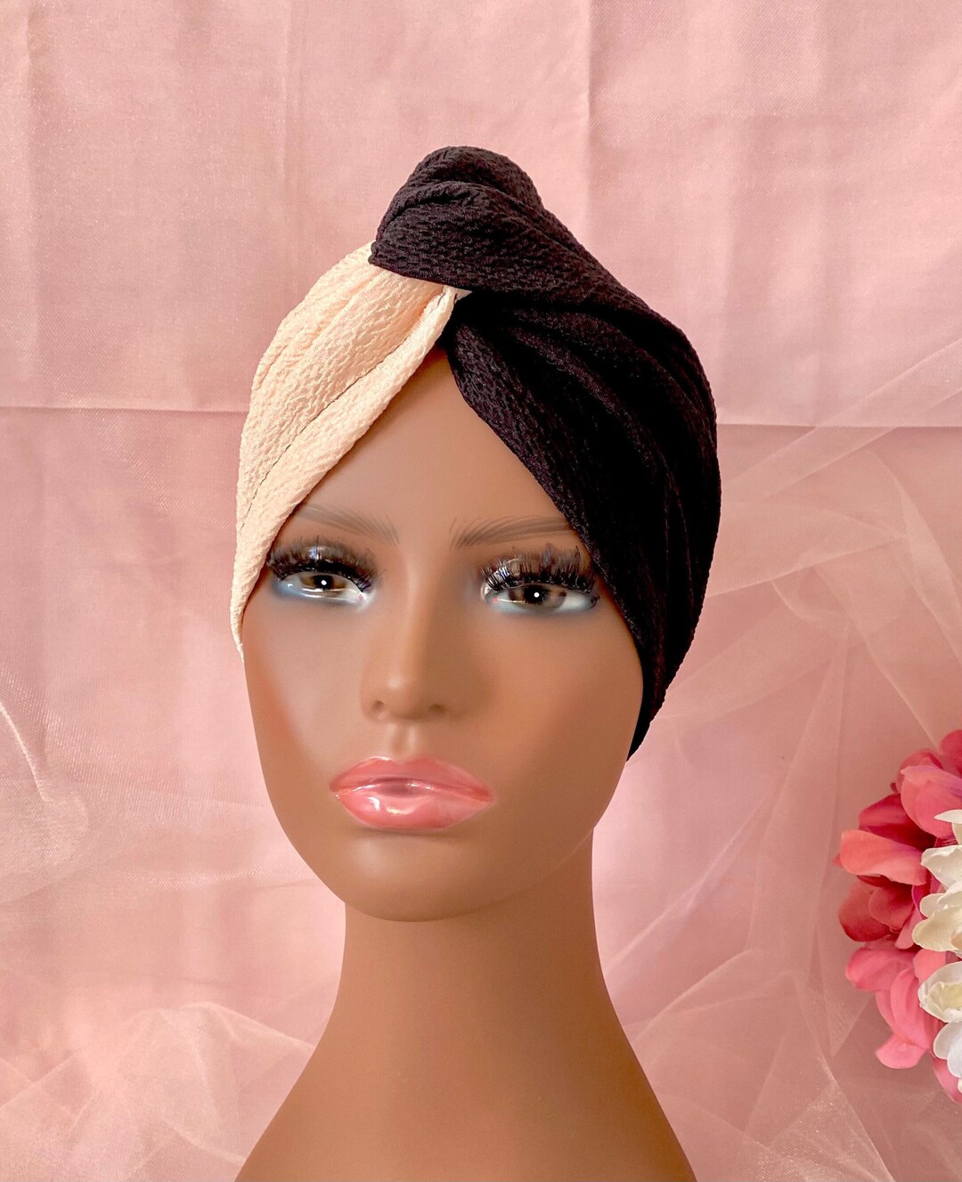 Two Toned Twisted Turban, Black and Peach Color Turban, Stretchy Turban ...