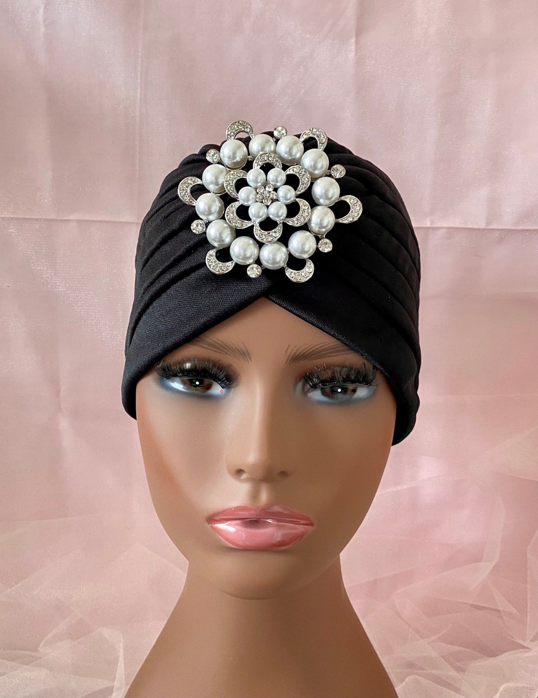 Womens Stunning Turban, Black Turban With Big Pearl Brooch, Years Hat ...