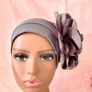 Stunning Gray Turban With Big Silk Flower, Glamorous Headpiece, Fashion ...