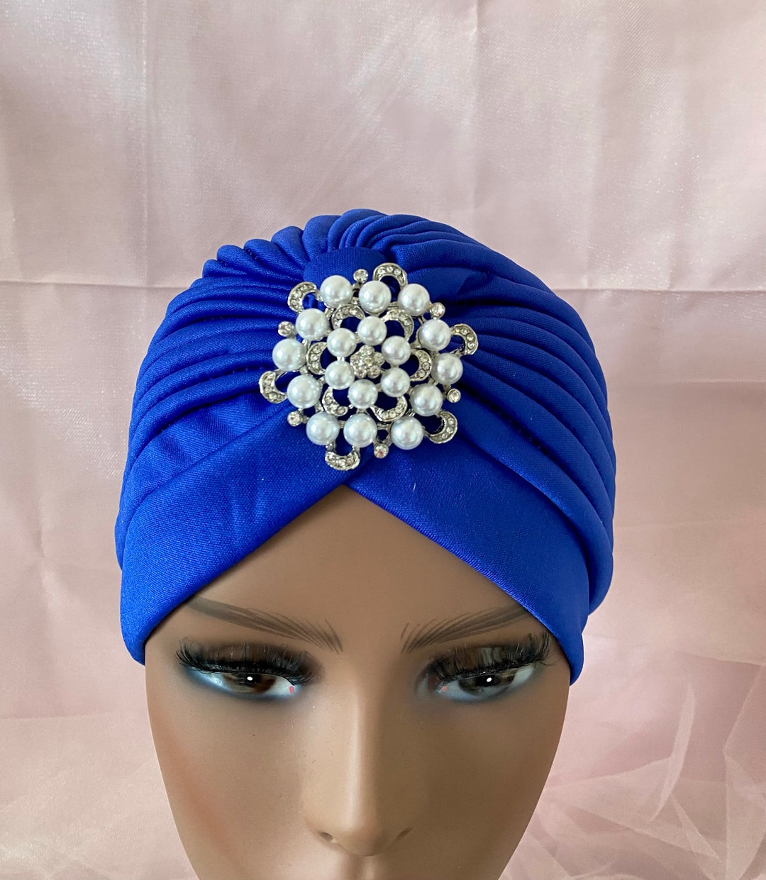 Royal Blue Turban, Turban With Pearl Brooch, Luxury Turban, Modern ...