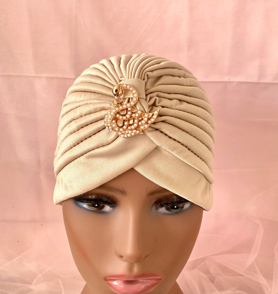 Turban, Light Beige Turban, Swan Turban, Swan Brooch, Fancy Turban ...