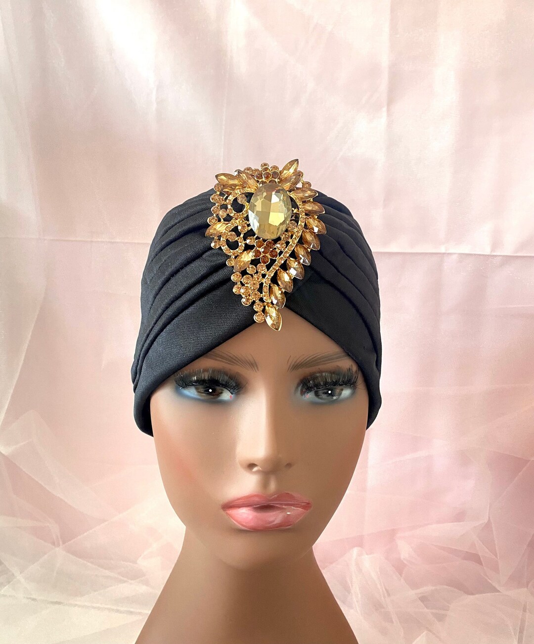Stunning Black Turban With Champagne Brooch Attached, Slouchy Beanie ...