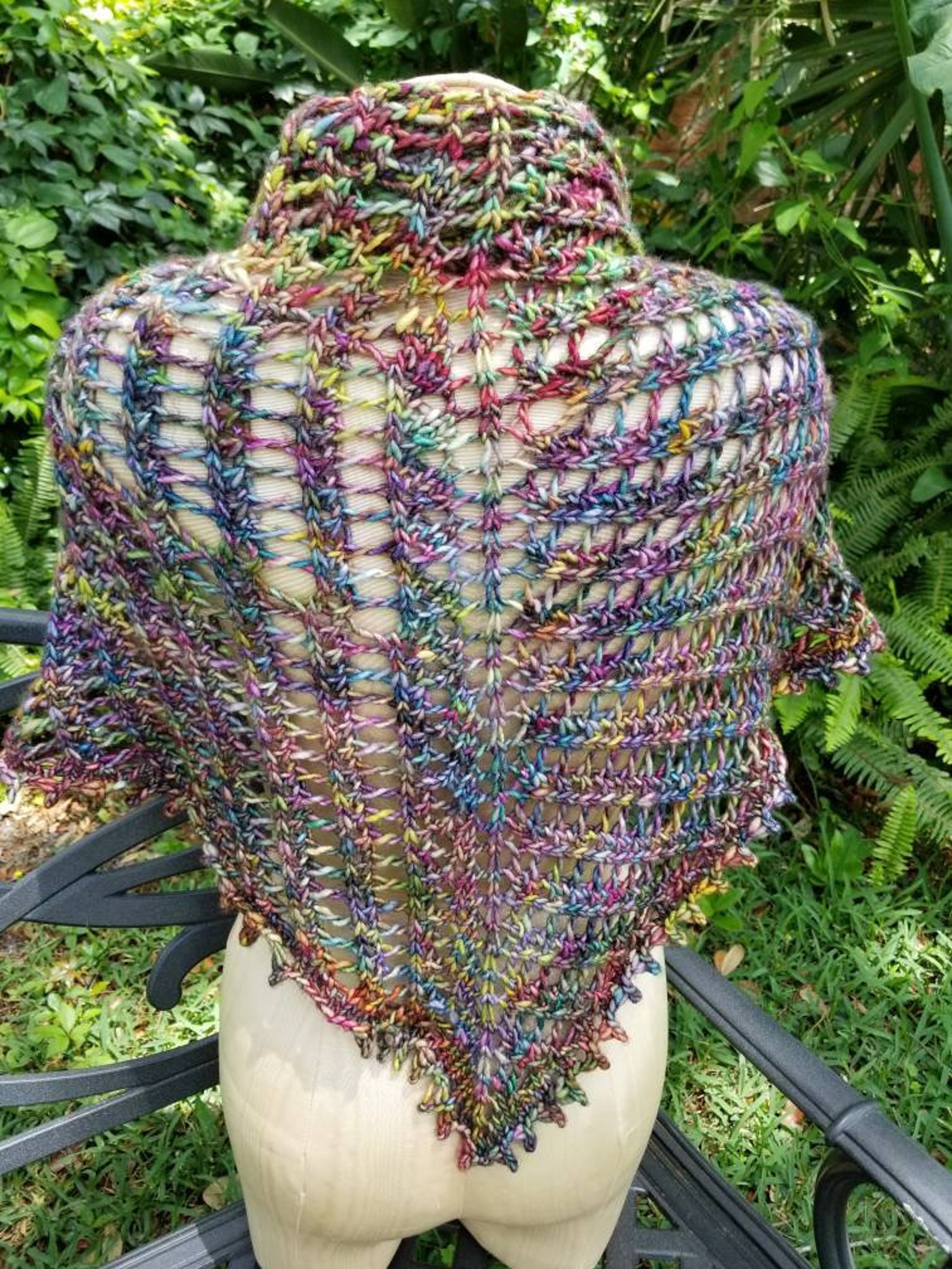NEW Wrapped in Rainbows Summer Shawl Knit Triangle Lace Cape Green Blue ...