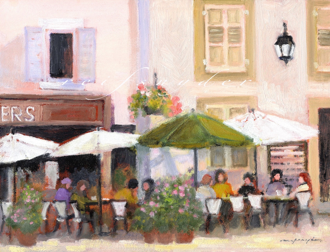 Country Cafe Print 11x14 Figures Scene, Art, France, Gold, Green, Cafe ...