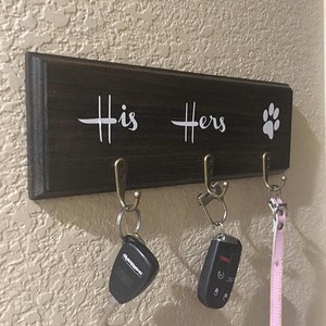 His and Hers Key Holder, Key and Leash Holder With Paw, Wood Sign for ...