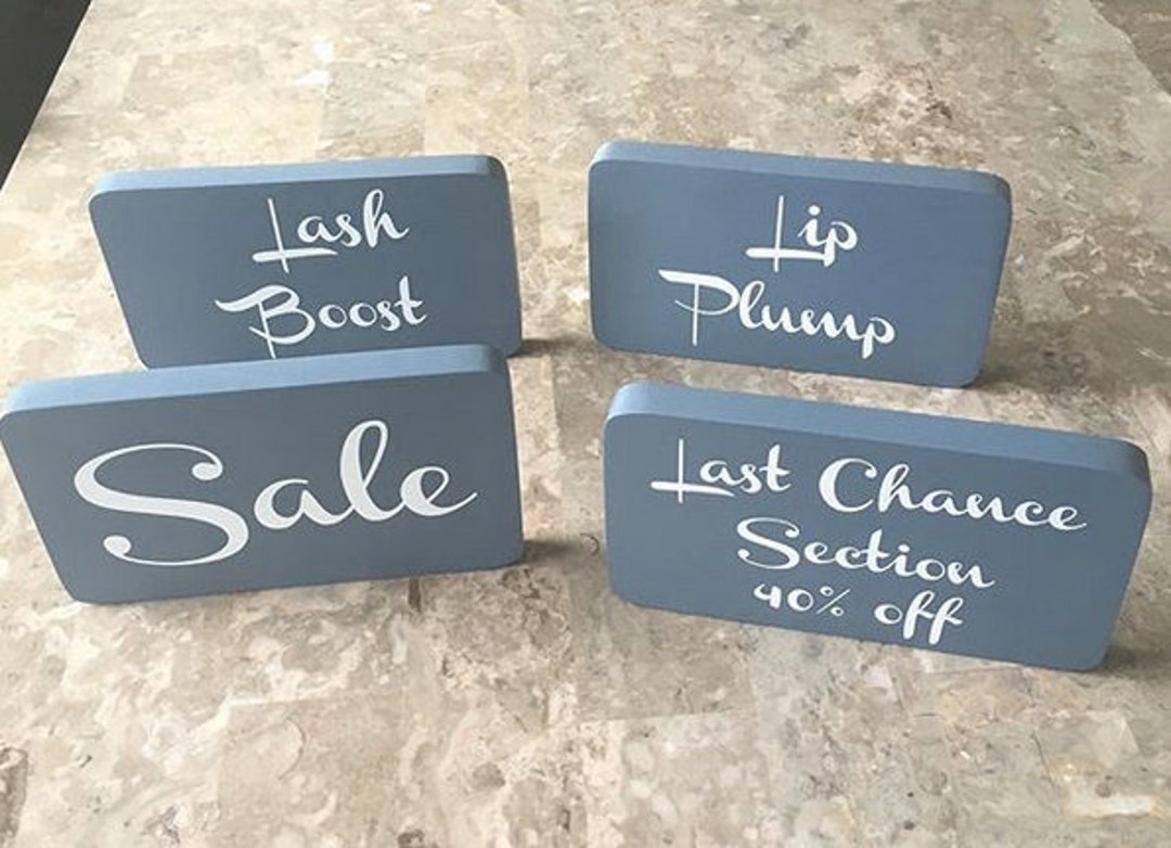 Retail Signs Stand up Signs Shelf Wooden Sitter Set of 4 Personalized ...