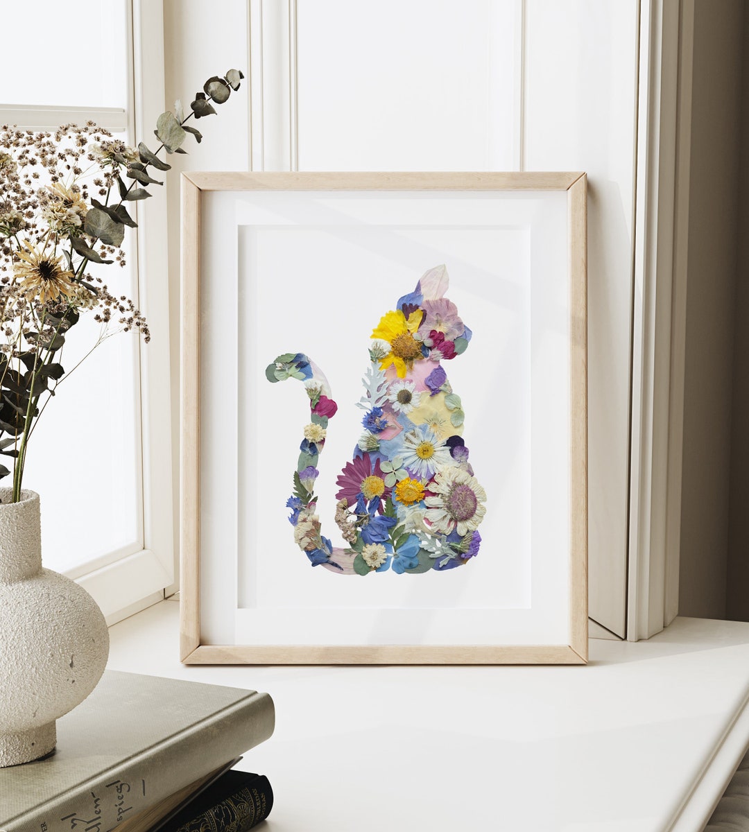 Cat Artwork Decor Made With Pressed Flowers, 8x10 Digital Reproduction ...