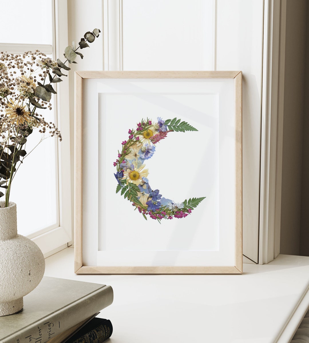 Moon Artwork Made With Pressed Flowers, Crescent Moon With Blue & Pink ...