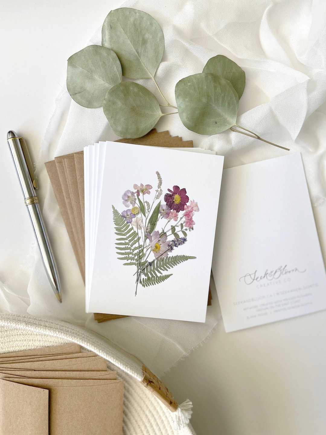 Natural Flower Bouquet Pressed Flower Note Cards, Set of 6, Digitally ...