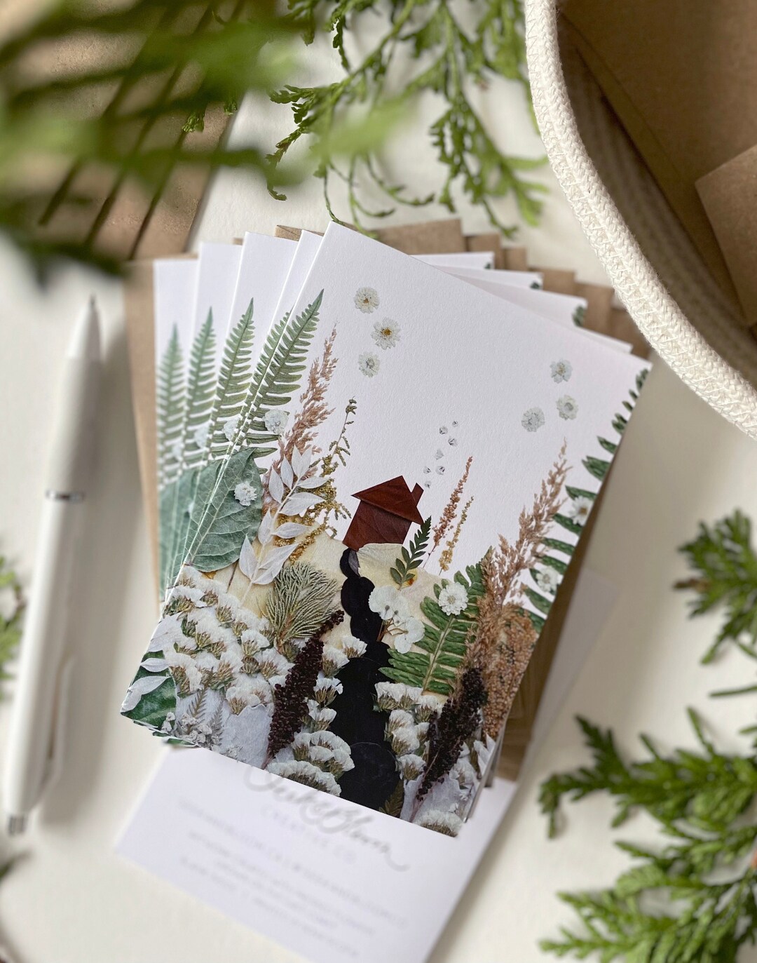 Holiday Note Cards, Set of 6, Nature Cabin, Cute Floral Winter Cards ...