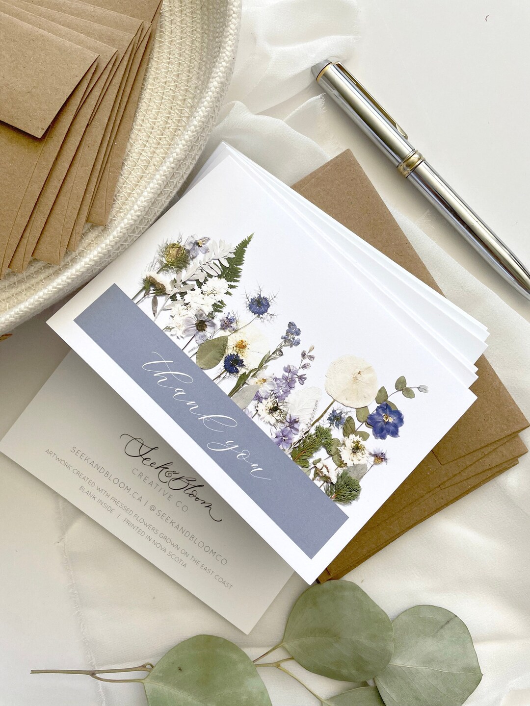 Blue Pressed Flower Garden, Thank You Cards, Set of 6, Digitally ...