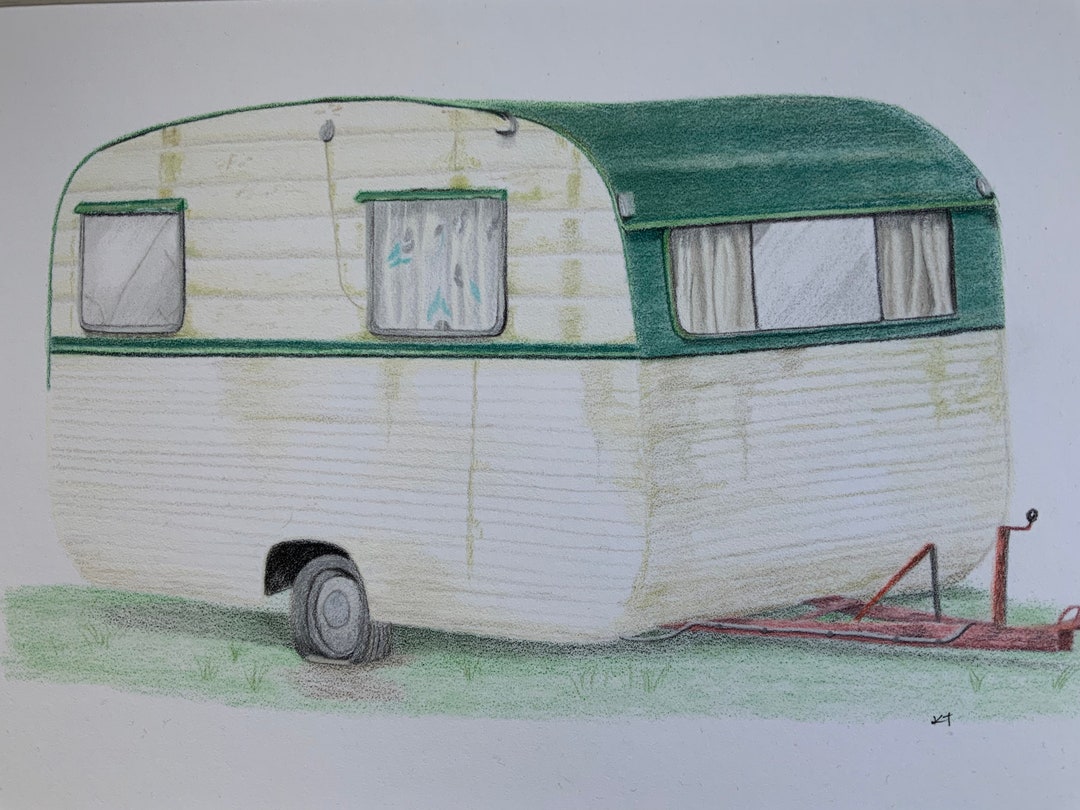 Caravan Art Drawing Old Touring Caravan Coloured Pencil Art Drawing - Etsy