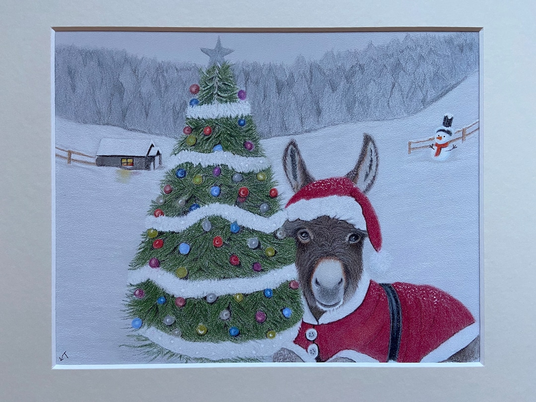Donkey Art Drawing Christmas Donkey Waiting for Santa Art - Etsy