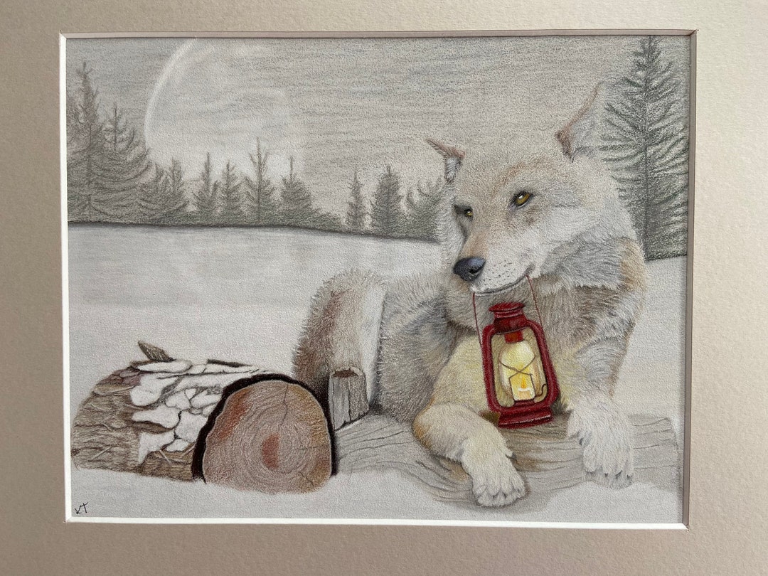 Winter Wolf Art Drawing - Coloured Pencil Art Drawing - Original Not a ...