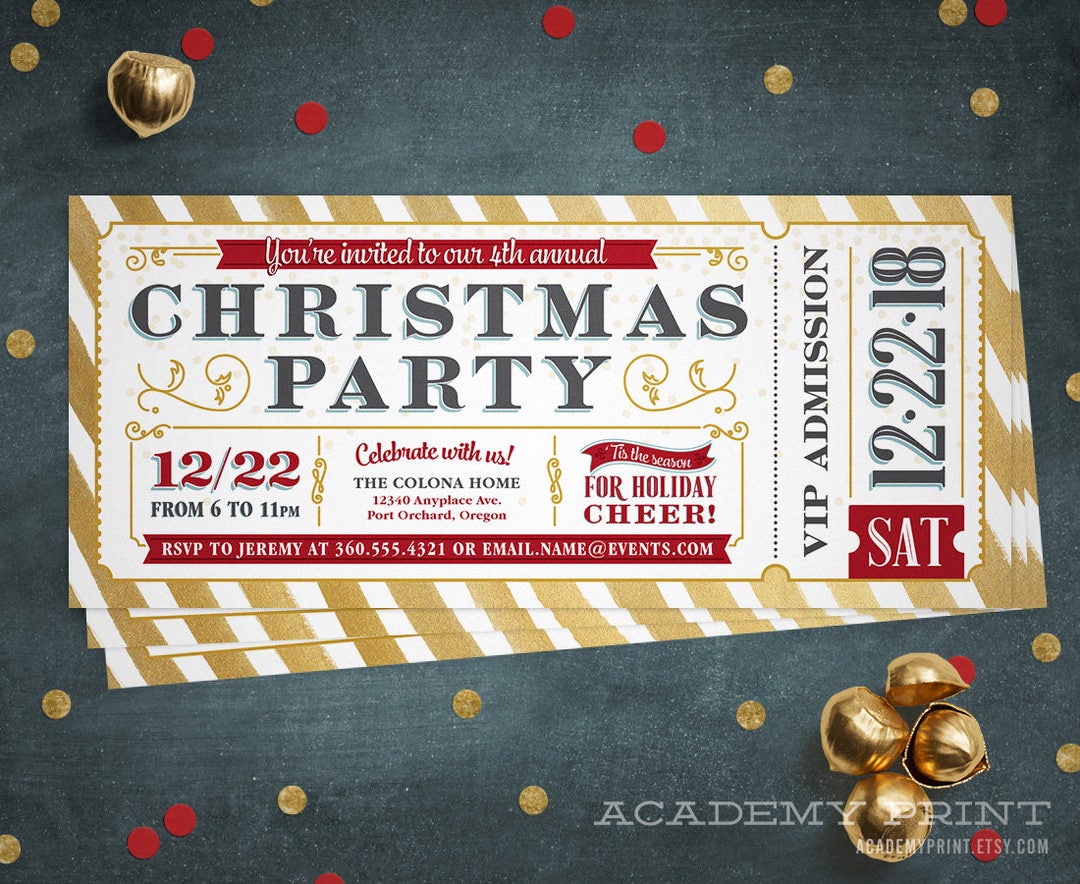 Christmas Party Ticket Invitation, Printable Holiday Party Ticket ...