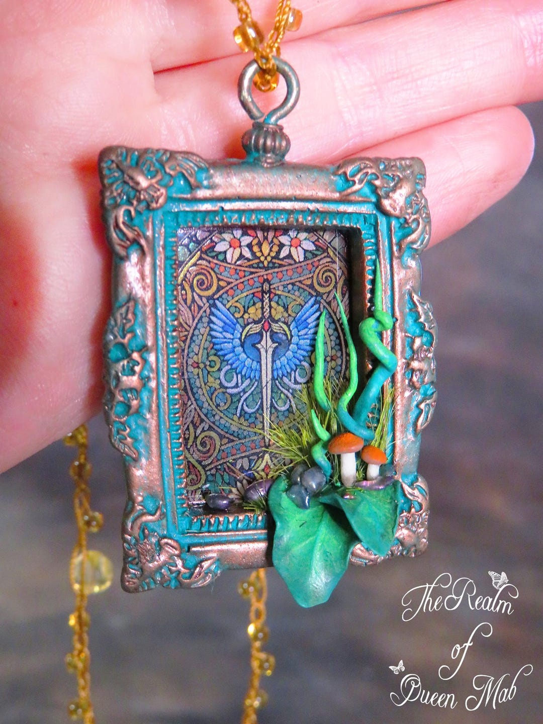 Handmade Stained Glass Effect Frame Necklace, Polymer Clay Mushrooms ...