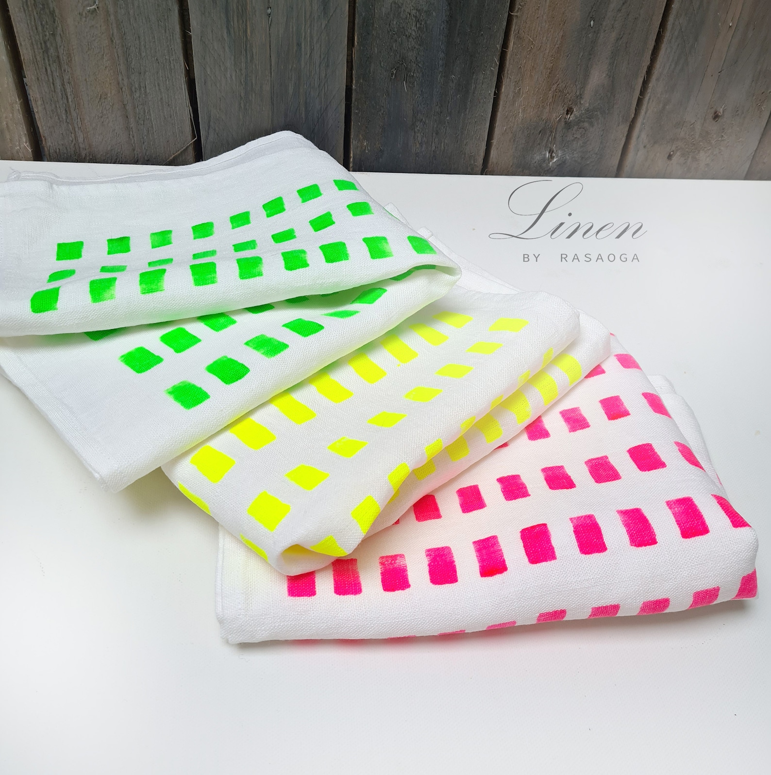Linen Tea Towels, White Dish Towel , Neon Pink and Yellow, Green Print ...