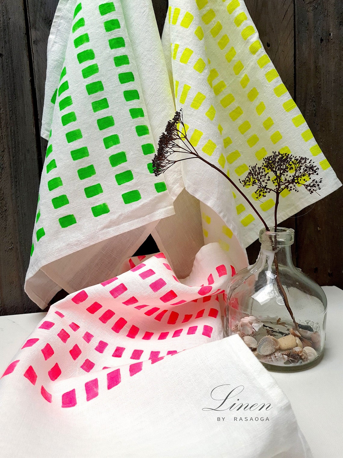 Linen Tea Towels. White Dish Towel . Green Neon Yellow Neon | Etsy