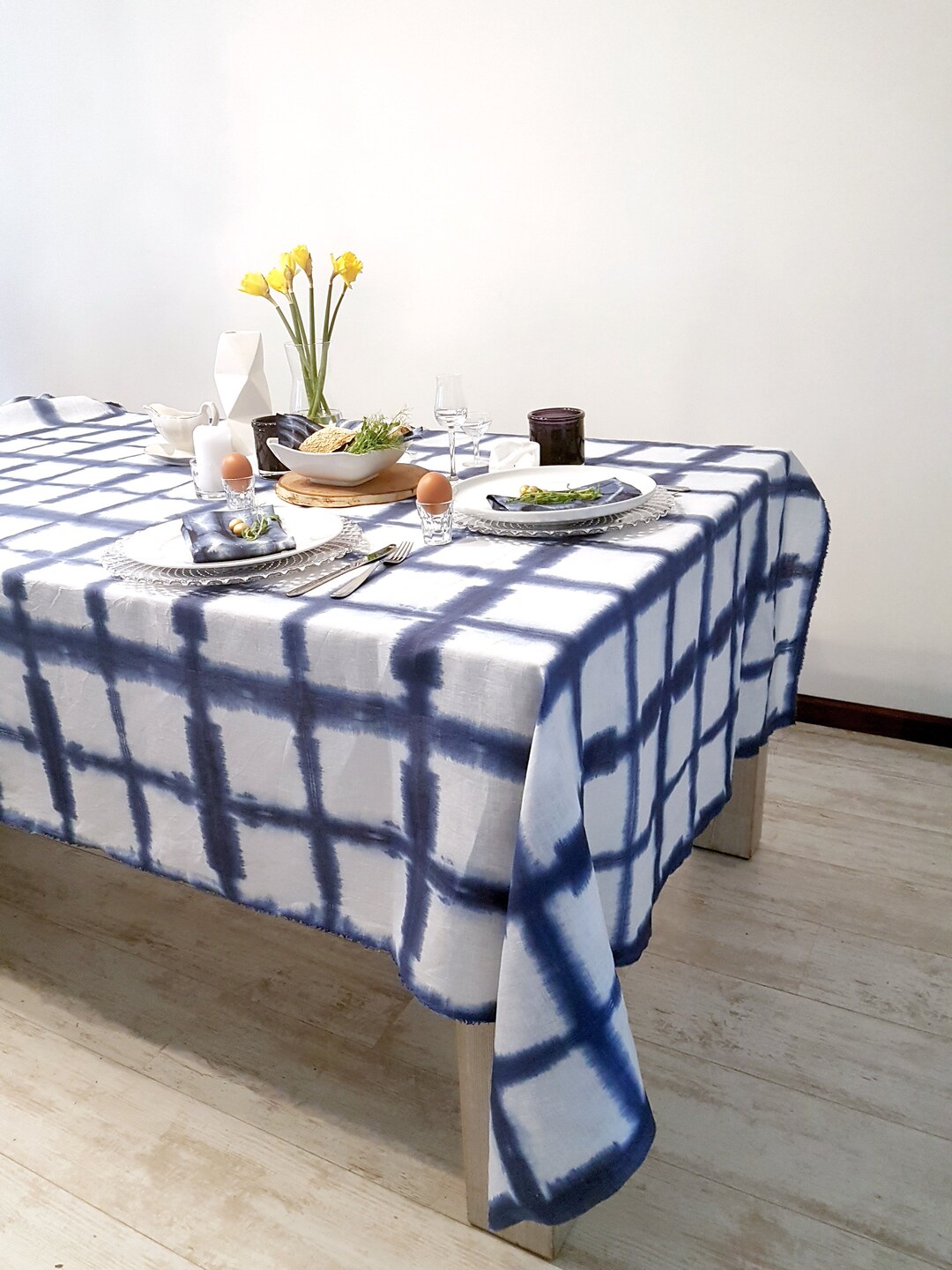 Shibori Indigo Blue Tablecloth, Handmade Batik Linen Tablecloth , Hand ...
