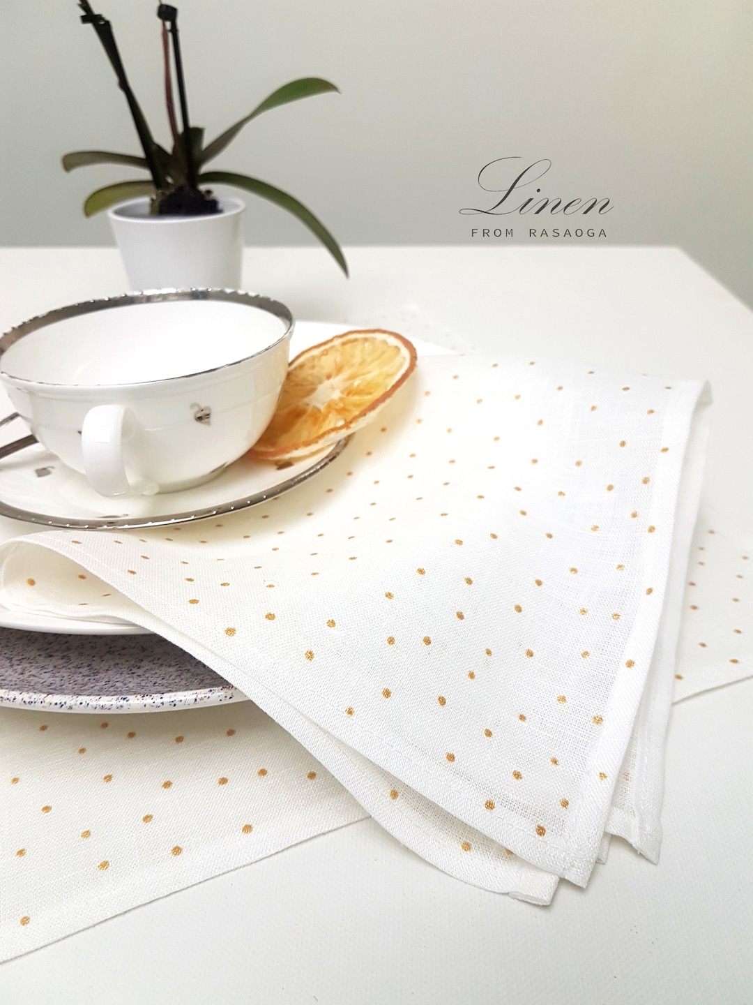 Gold White Polka Dots Linen Napkins . Linen Tablecloth, Dinner Napkins ...