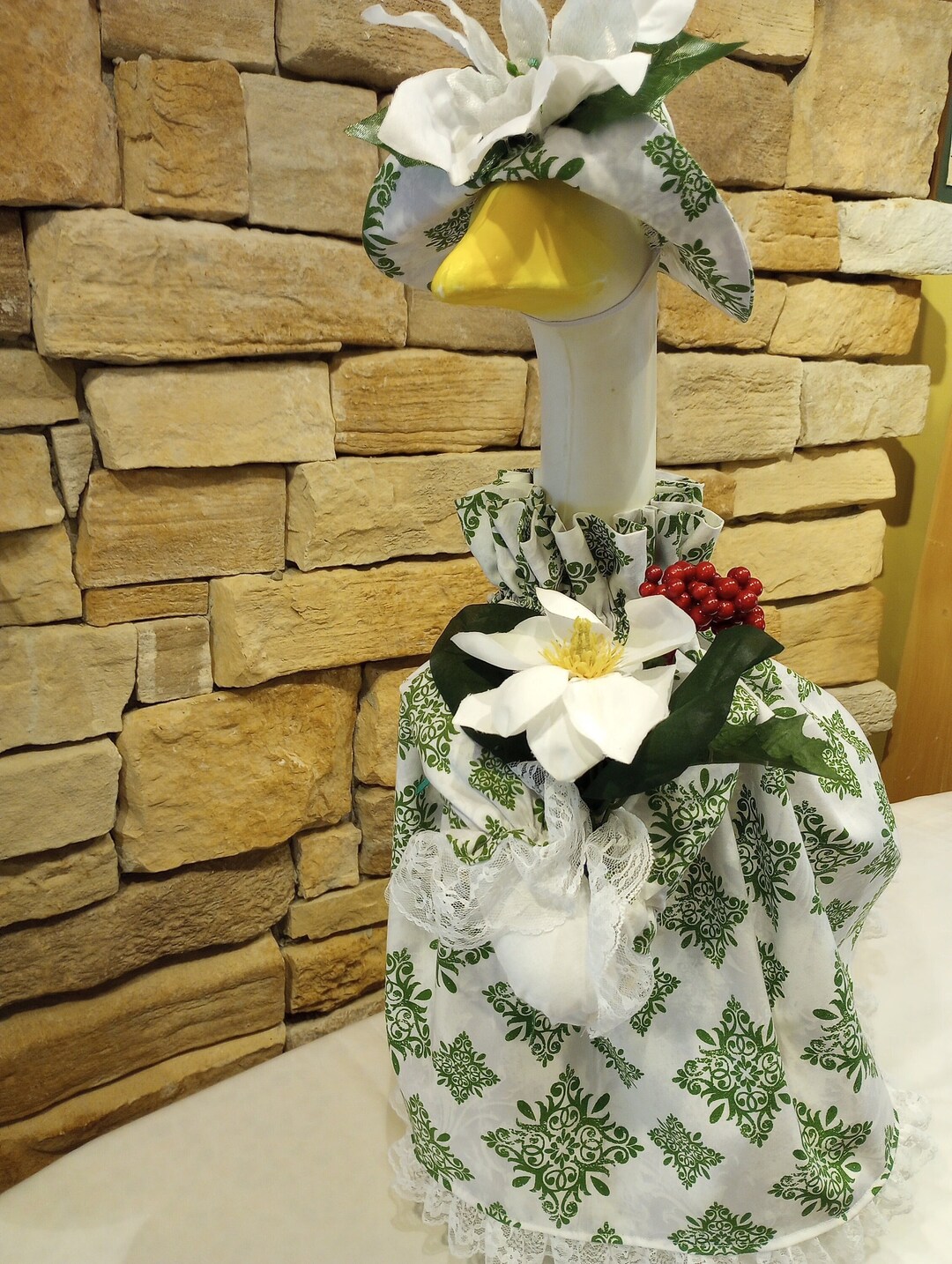 Goose Clothes Christmas Winter Green Medalion Print With White Lace ...