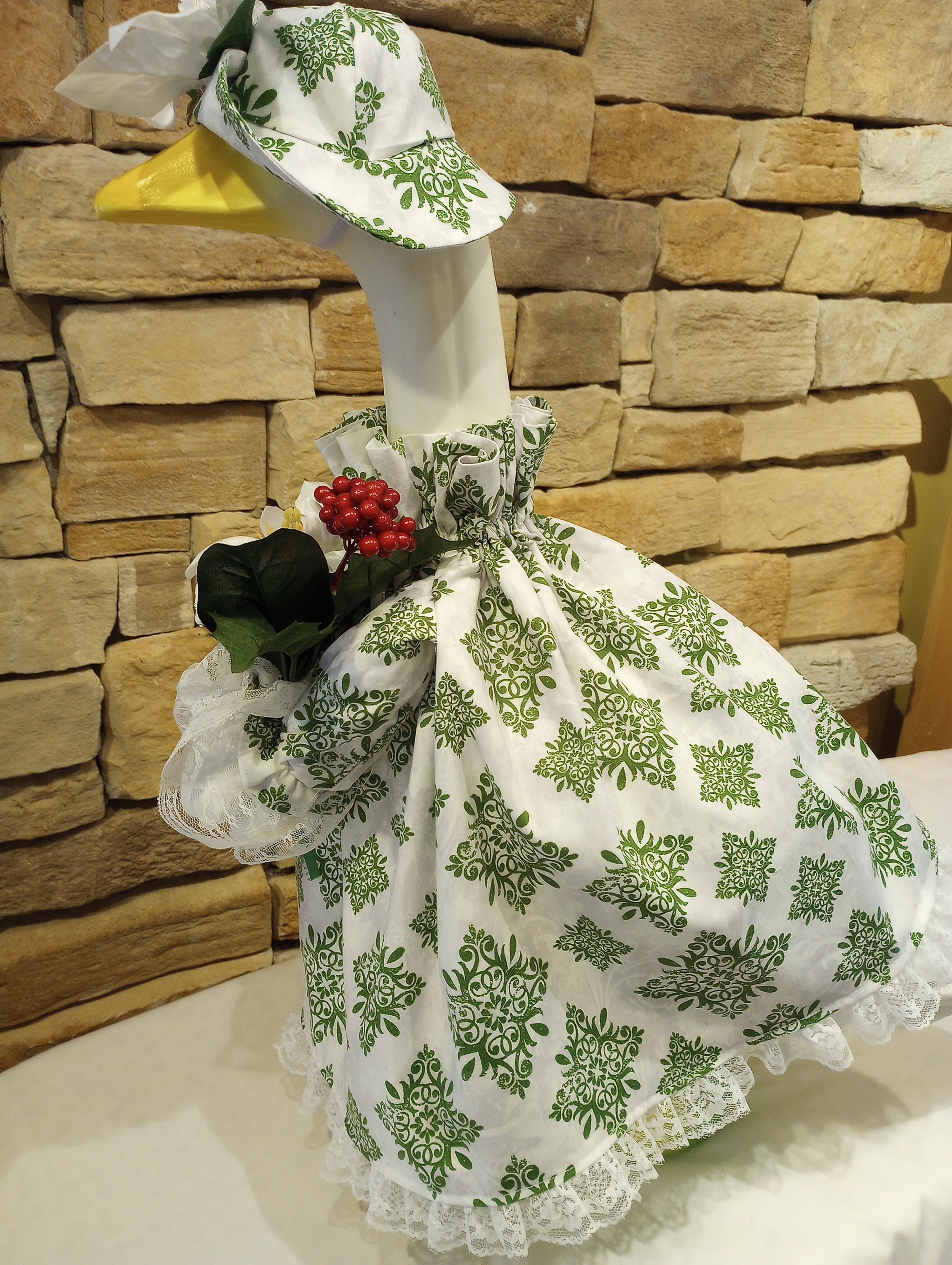 Goose Clothes Christmas Winter Green Medalion Print With White Lace ...