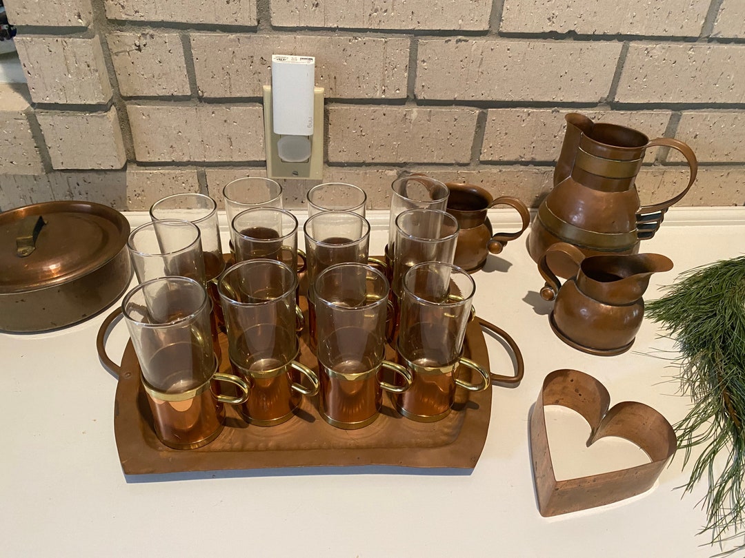 Vintage Lot of 19 Copper Brass Beucler Glasses Irish Turkish Mugs Cups ...
