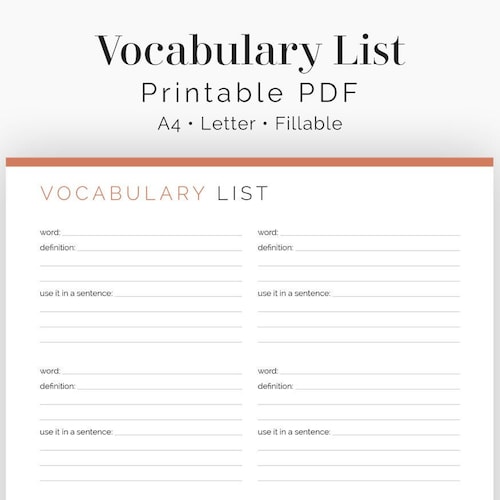 Vocabulary List 2 Layouts Fillable Printable PDF - Etsy