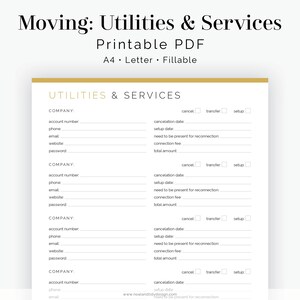 Moving Utilities & Services to Cancel and Set up - Fillable - Moving ...