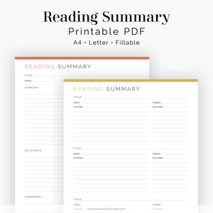 Reading Summary - Fillable - Printable PDF - Student Planner, School ...