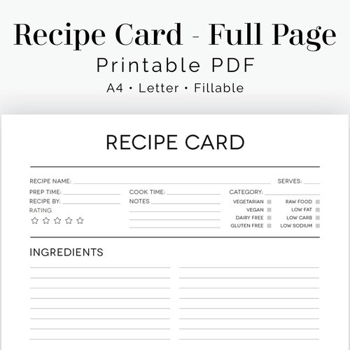 Recipe Card Full Page Fillable Printable PDF Teal - Etsy