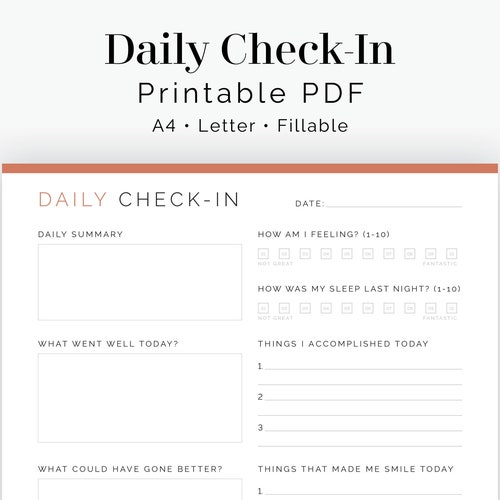 Daily Check-in Journal Page Fillable Printable PDF - Etsy