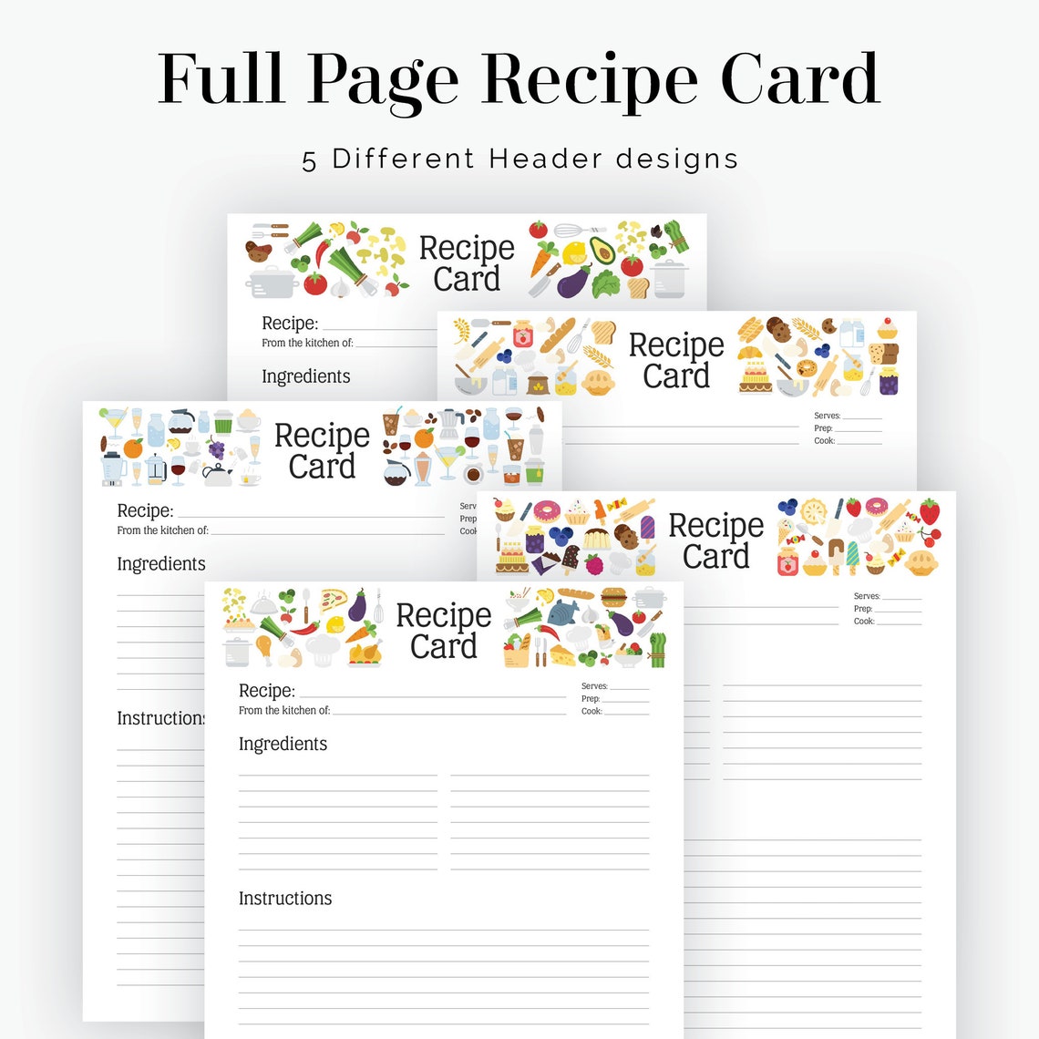 Recipe Card Full Page - 5 Illustrated Headers, Cute Recipe Page ...