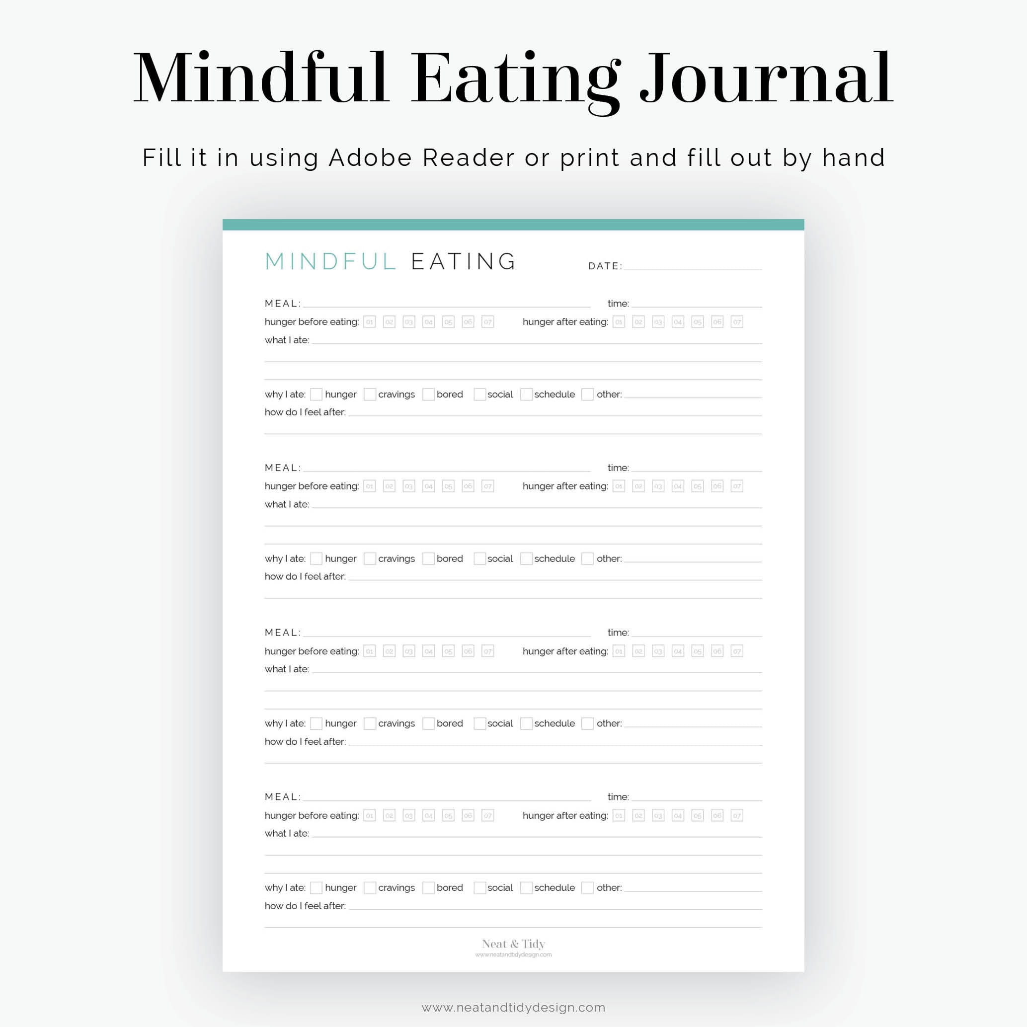 Mindful Eating Journal - Fillable - Printable PDF - Daily Food Journal ...