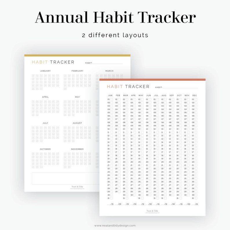 Annual Habit Tracker (2 Layouts) - Fillable - Printable PDF - Yearly ...