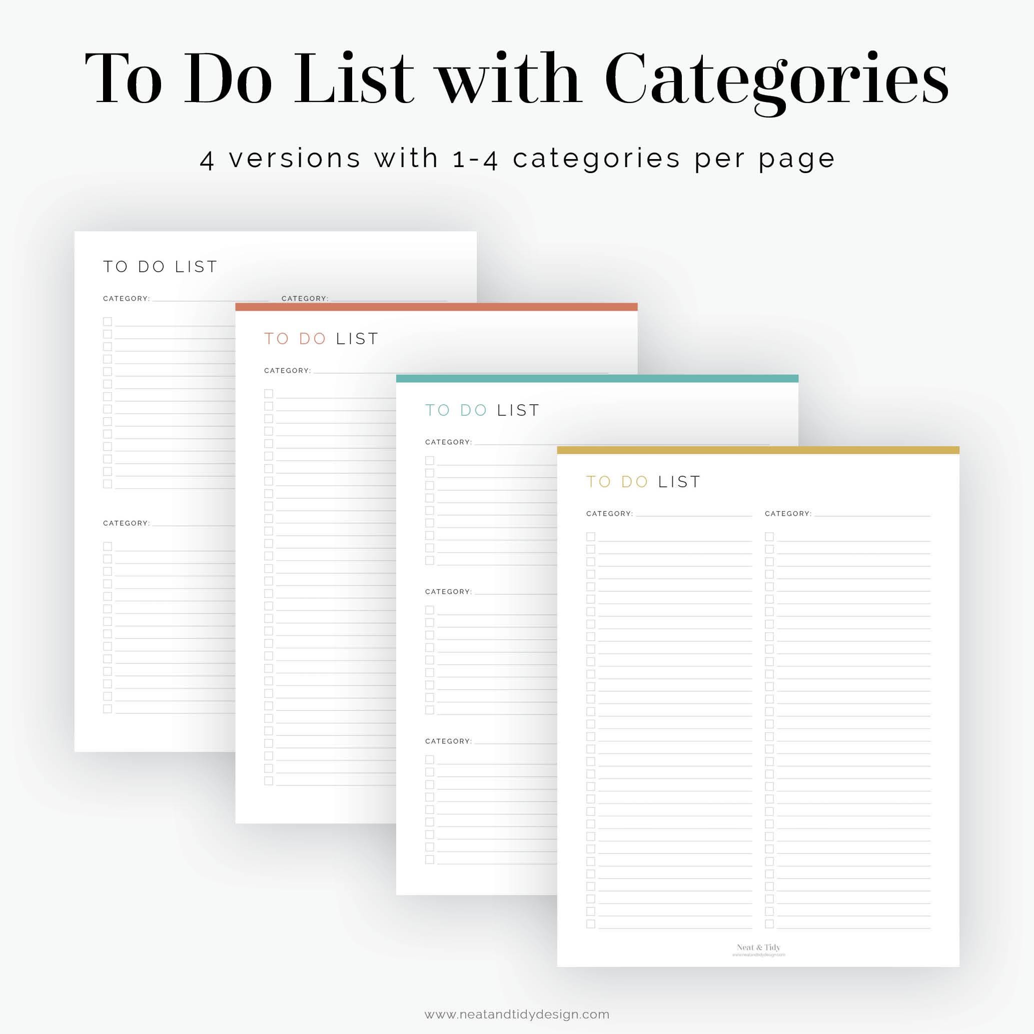 To Do List With Categories (4 Versions) - Fillable - Printable PDF ...
